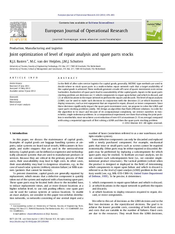 (PDF) Joint optimization of level of repair analysis and spare parts stocks