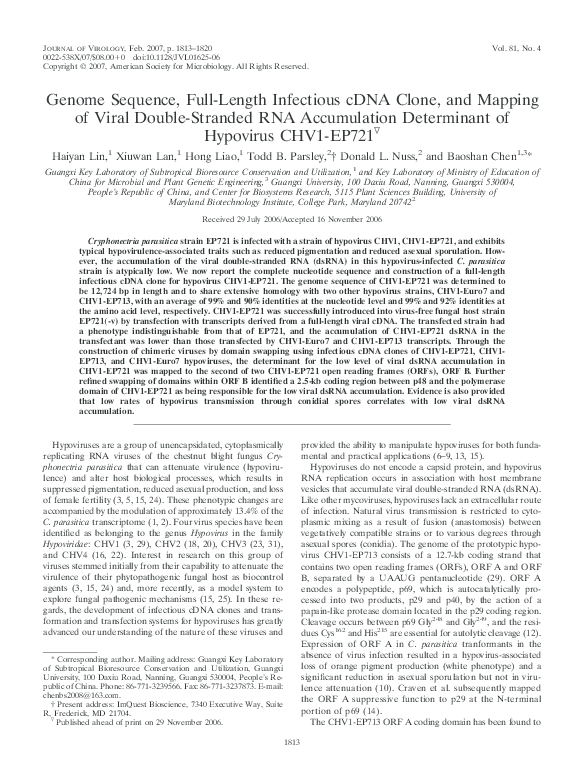 (PDF) Genome Sequence, Full-Length Infectious cDNA Clone, and Mapping ...