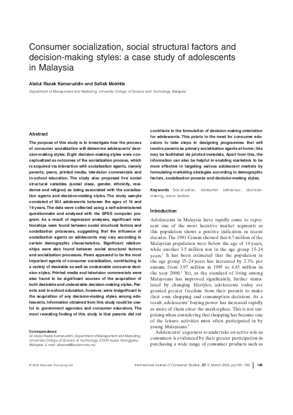 (PDF) Consumer socialization, social structural factors and decision ...