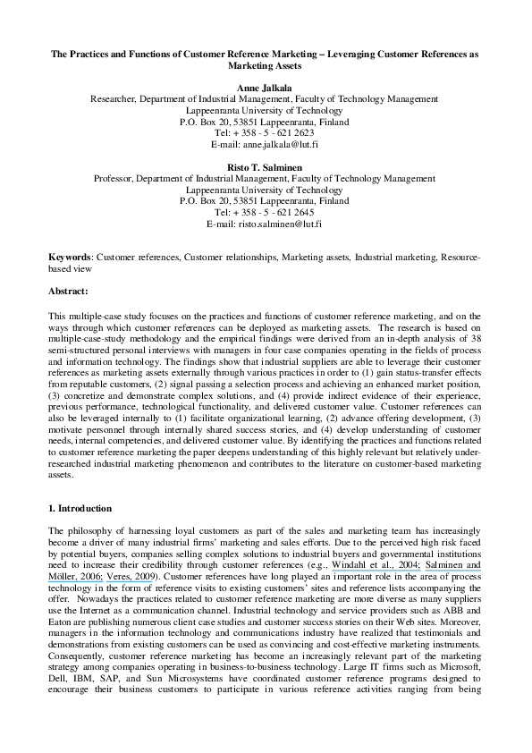 (PDF) Practices and functions of customer reference marketing ...