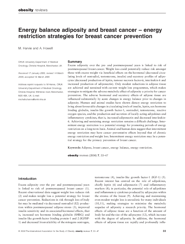 (PDF) Energy balance adiposity and breast cancer - energy restriction ...