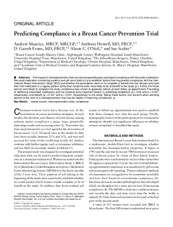 (PDF) Predicting Compliance in a Breast Cancer Prevention Trial