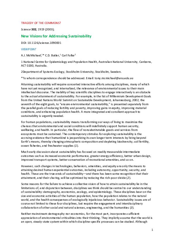 (PDF) New Visions for Addressing Sustainability (published in Science ...