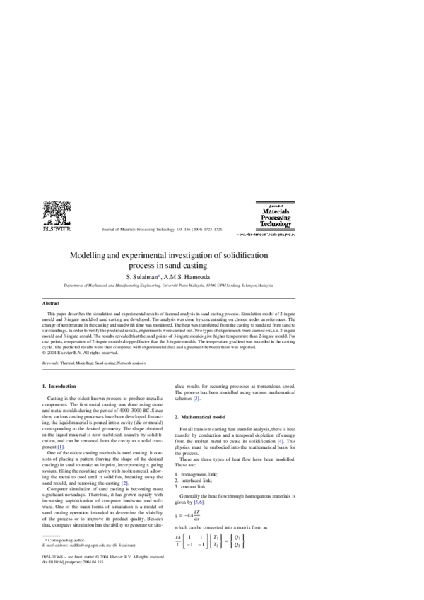 Pdf Modelling And Experimental Investigation Of Solidification