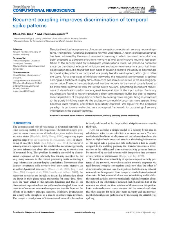 (PDF) Recurrent coupling improves discrimination of temporal spike patterns