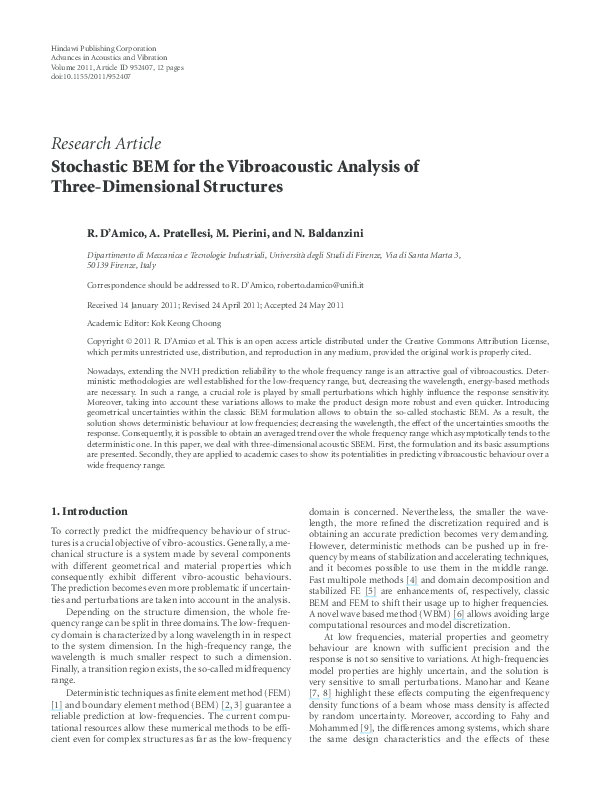(PDF) Stochastic BEM for the Vibroacoustic Analysis of Three-Dimensional Structures