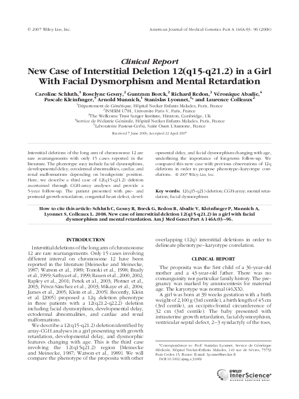 (PDF) New case of interstitial deletion 12(q15-q21.2) in a girl with ...