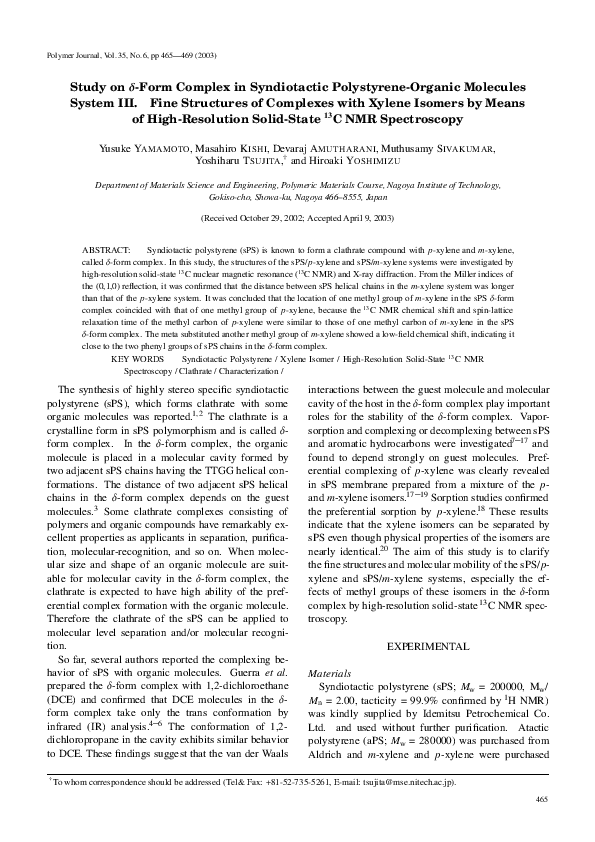 (PDF) Study on δ-Form Complex in Syndiotactic Polystyrene-Organic ...