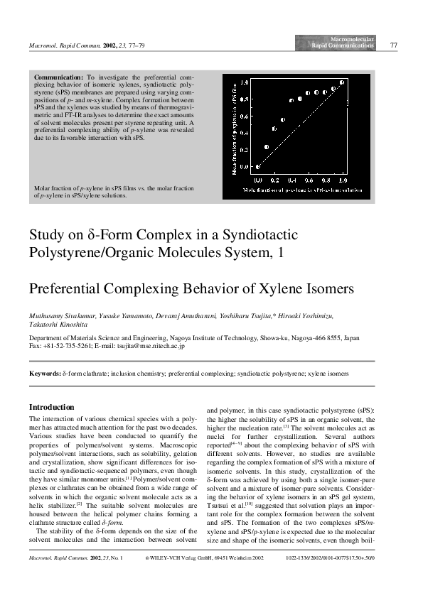 (PDF) Study on δ-Form Complex in a Syndiotactic Polystyrene/Organic ...
