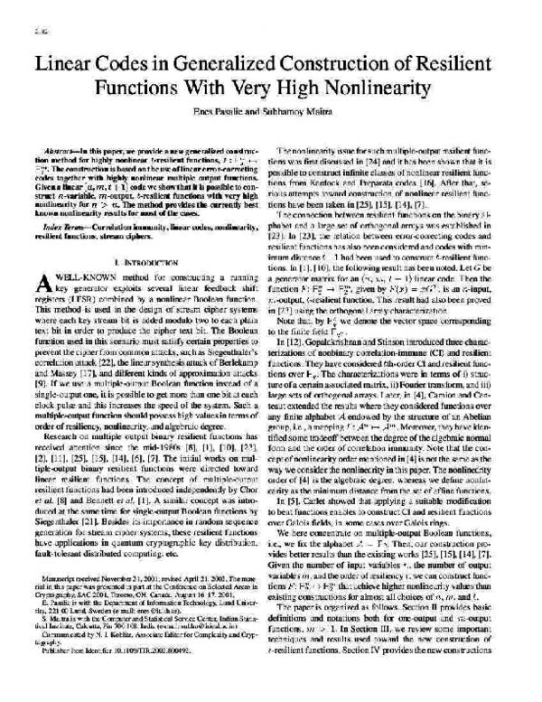 Pdf Further Constructions Of Resilient Boolean Functions With Very
