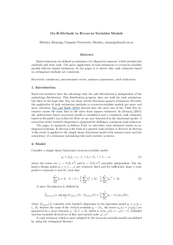 (PDF) On R-Methods in Errors-In-Variables Models
