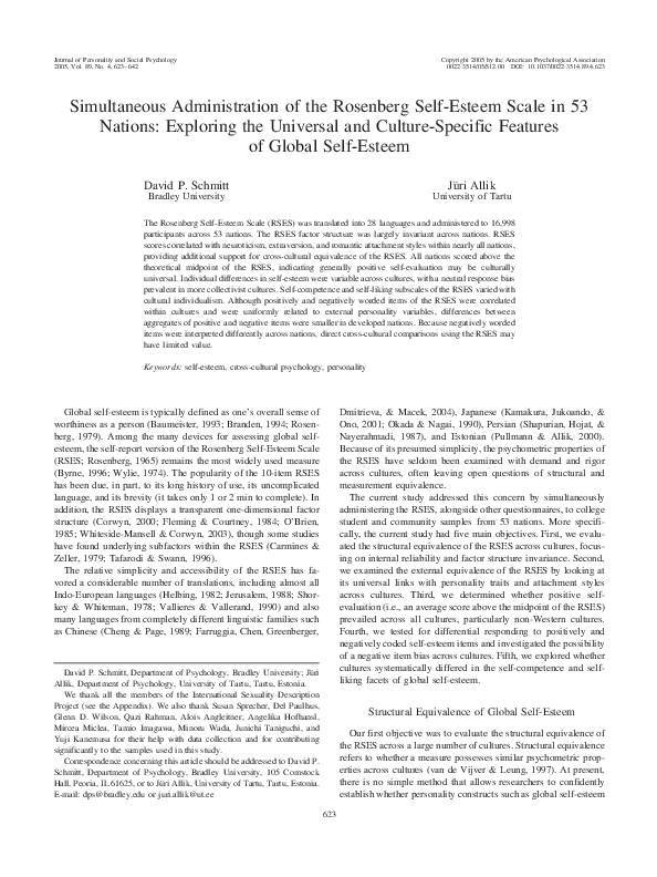 (PDF) Simultaneous Administration of the Rosenberg Self-Esteem Scale in ...