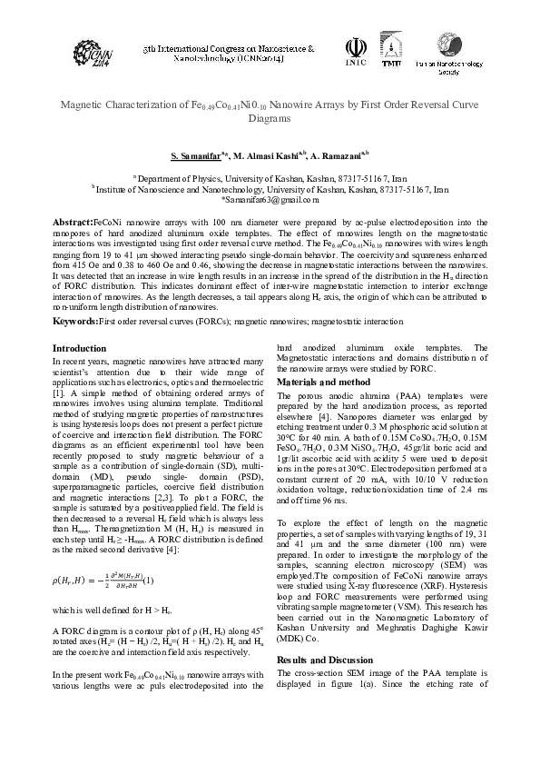 (PDF) Magnetic Characterization of Fe 0.49 Co 0.41 Ni0. 10 Nanowire Arrays by First Order ...
