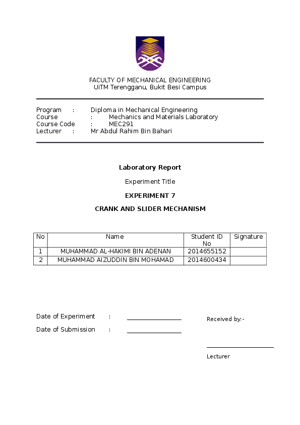 (DOC) Exp 7 crank and slider mechanism | Rahmatul Firdaus - Academia.edu