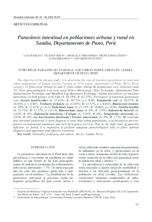 (PDF) Parasitosis intestinal en poblaciones urbana y rural en Sandia ...
