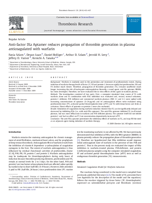 (PDF) Anti-factor IXa Aptamer reduces propagation of thrombin ...