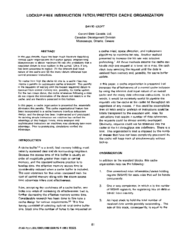 (PDF) Retrospective: lockup-free instruction fetch/prefetch cache ... (PDF) Retrospective: lockup-free instruction fetch/prefetch cache ...