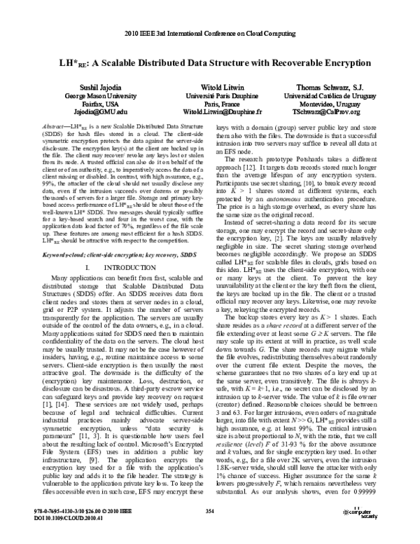 (PDF) LH* RE : A Scalable Distributed Data Structure with Recoverable Encryption