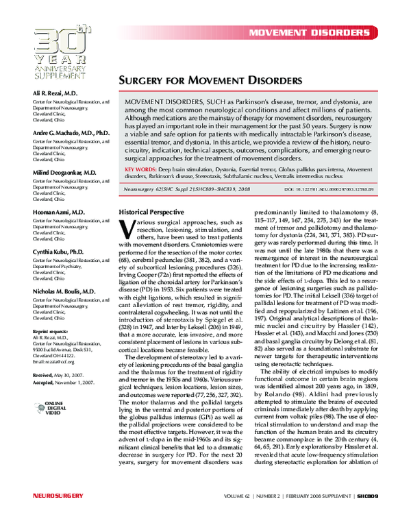 (PDF) SURGERY FOR MOVEMENT DISORDERS