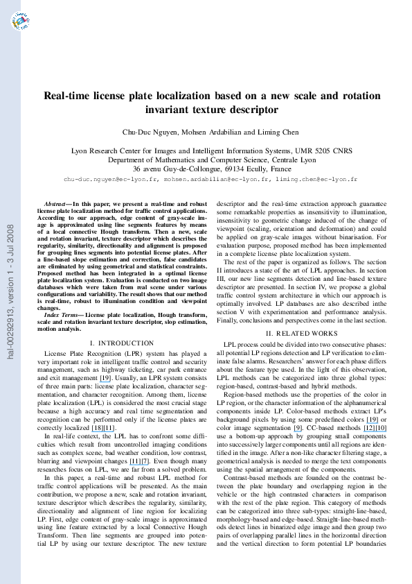 Pdf Real Time License Plate Localization Based On A New Scale And Rotation Invariant Texture