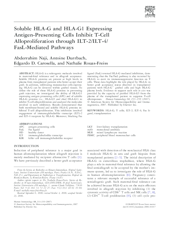 (PDF) Soluble HLA-G and HLA-G1 Expressing Antigen-Presenting Cells Inhibit T-Cell ...