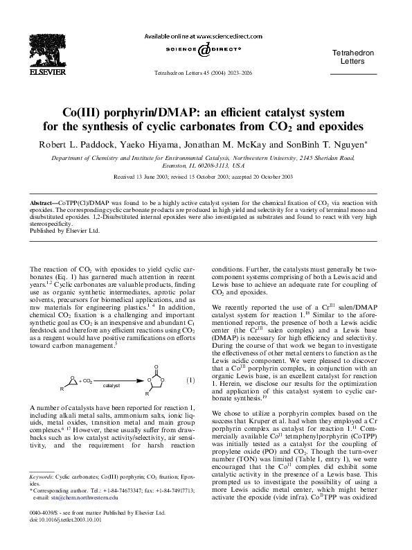 (PDF) Co(III) Porphyrin/DMAP: An Efficient Catalyst System for the Synthesis of Cyclic ...