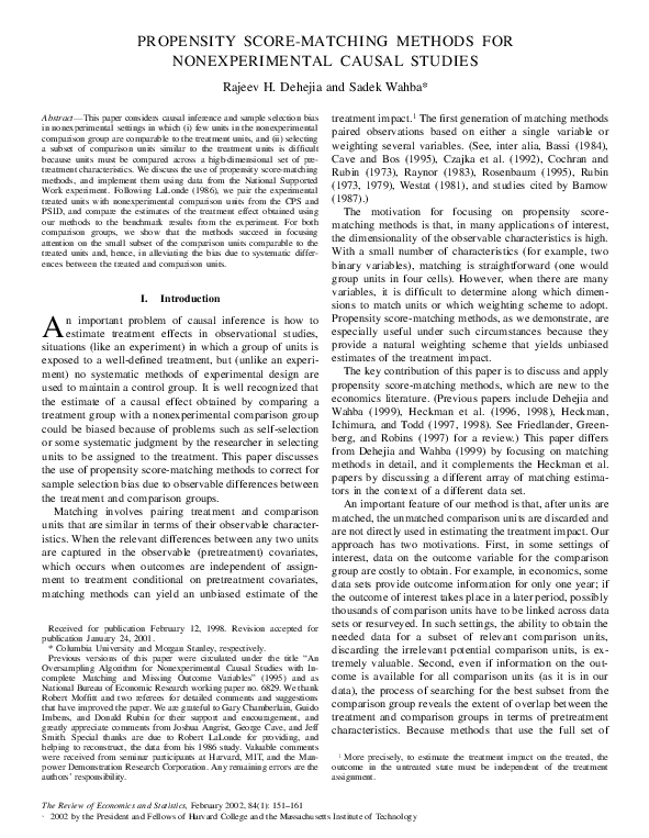(PDF) PROPENSITY SCORE-MATCHING METHODS FOR NONEXPERIMENTAL CAUSAL STUDIES