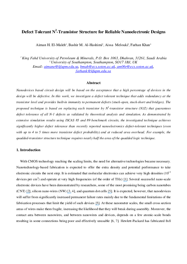(PDF) Defect-tolerant N2-transistor structure for reliable nanoelectronic designs | Aiman H. El ...