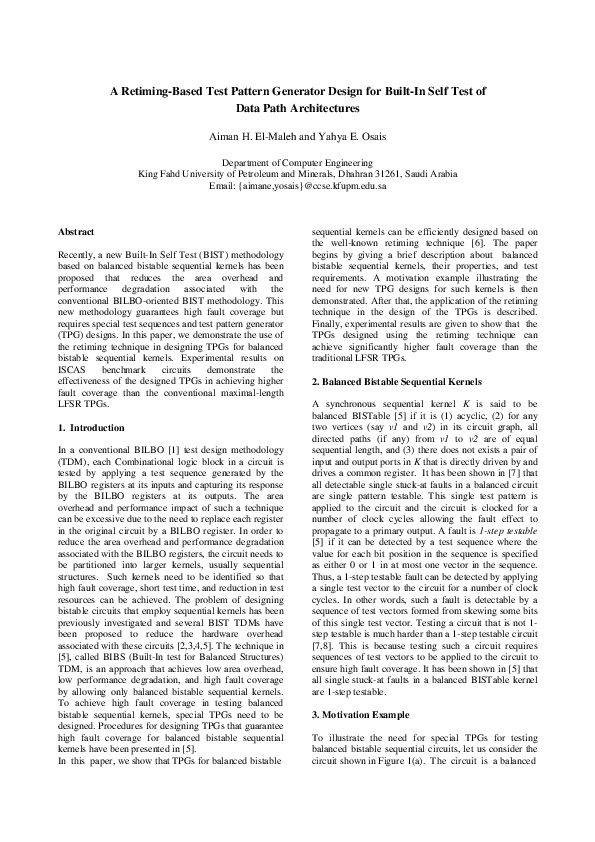 Pdf A Retiming Based Test Pattern Generator Design For Built In Self Test Of Data Path