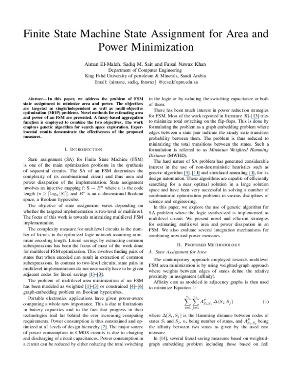 Pdf Finite State Machine State Assignment For Area And Power Minimization