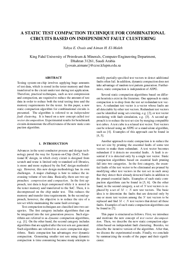 Pdf A Static Test Compaction Technique For Combinational Circuits Based On Independent Fault