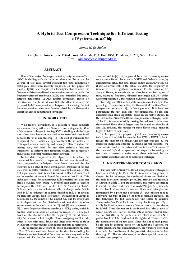 Pdf A Hybrid Test Compression Technique For Efficient Testing Of Systems On A Chip