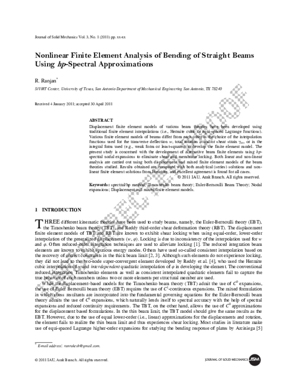 Pdf Nonlinear Finite Element Analysis Of Bending Of Straight Beams Using Hp Spectral
