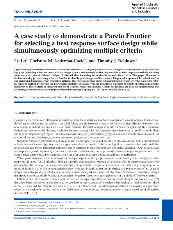(PDF) A case study to demonstrate a Pareto Frontier for selecting a best response surface design ...