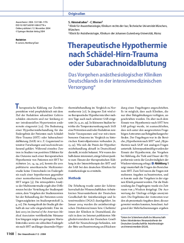 (PDF) Therapeutische Hypothermie nach Sch del-Hirn-Trauma oder Subarachnoidalblutung