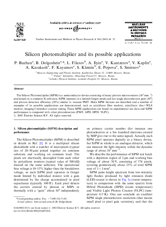 (PDF) Silicon photomultiplier and its possible applications