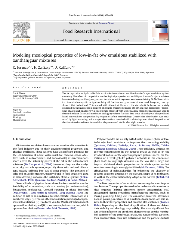 (PDF) Modeling rheological properties of low-in-fat o/w emulsions stabilized with xanthan/guar ...