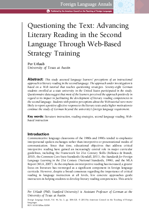 (PDF) Questioning the text: Advancing literary reading in the second ...
