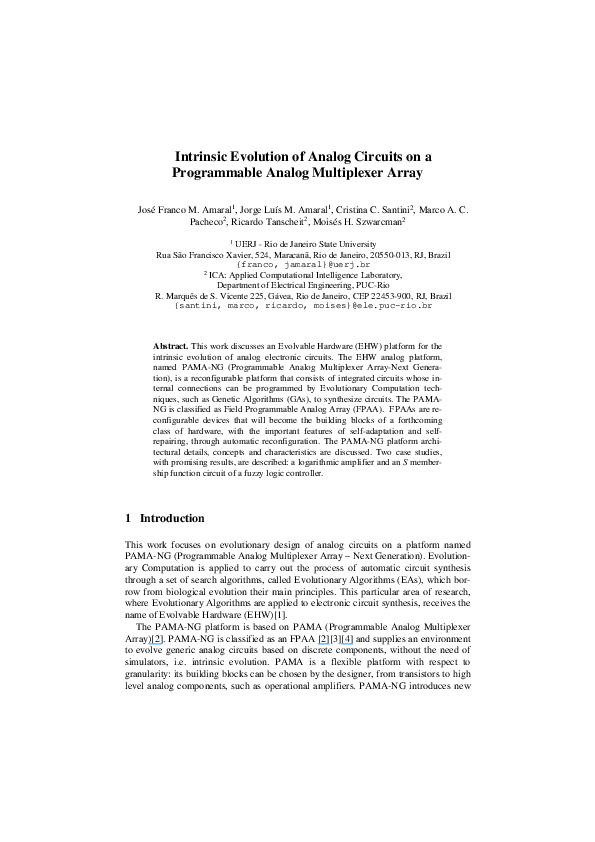 Pdf Intrinsic Evolution Of Analog Circuits On A Programmable Analog Multiplexer Array