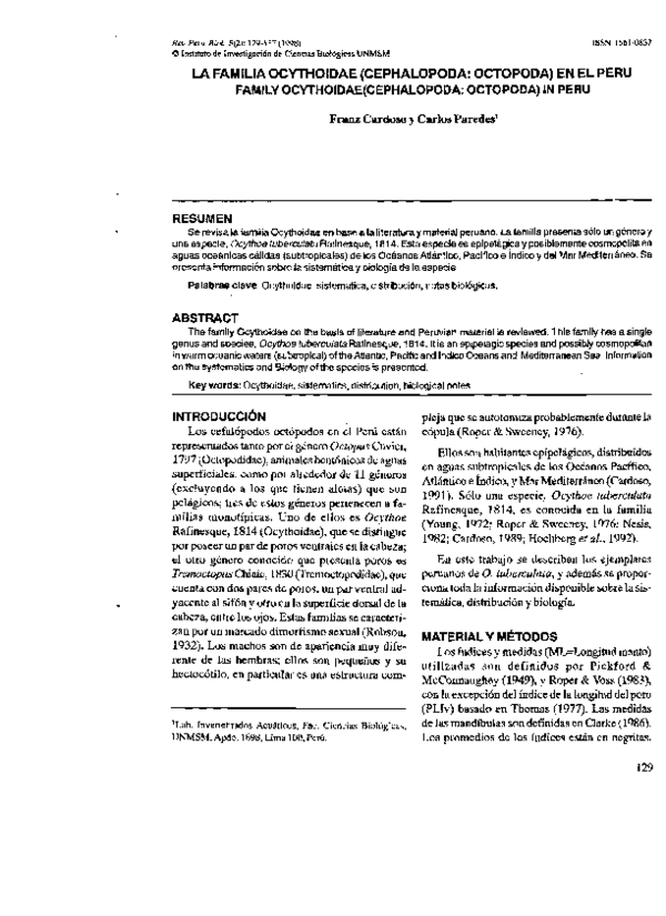 (PDF) La familia Ocythoidae (Cephalopoda: Octopoda) en el Perú