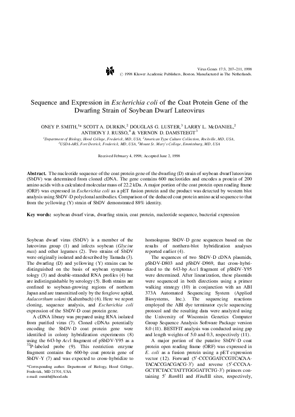 (PDF) Sequence and expression in Escherichia coli of the coat protein ...