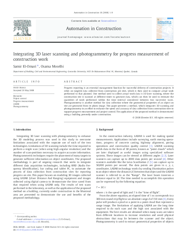 (PDF) Integrating 3D laser scanning and photogrammetry for progress measurement of construction work