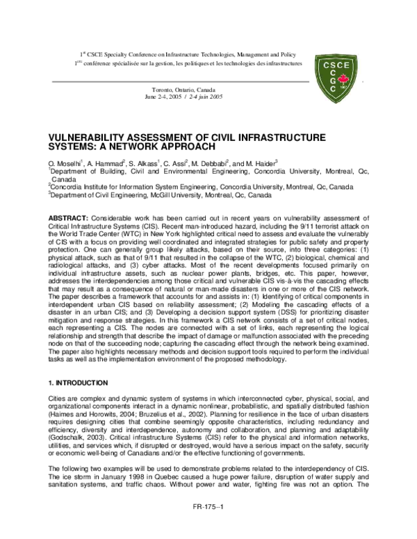 Pdf Vulnerability Assessment Of Civil Infrastructure Systems A