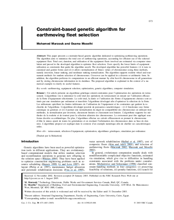 (PDF) Constraint-based genetic algorithm for earthmoving fleet selection