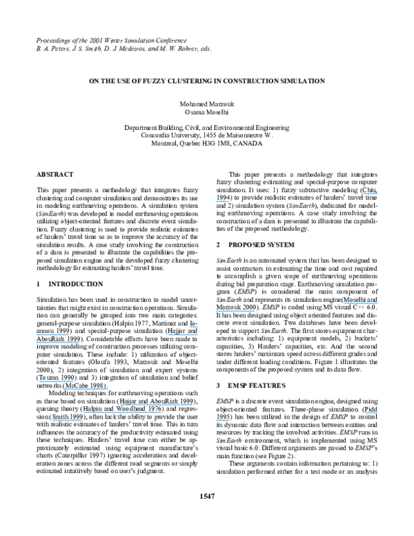 Pdf On The Use Of Fuzzy Clustering In Construction Simulation Osama