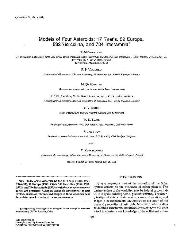 (PDF) Models of Four Asteroids: 17 Thetis, 52 Europa, 532 Herculina ...