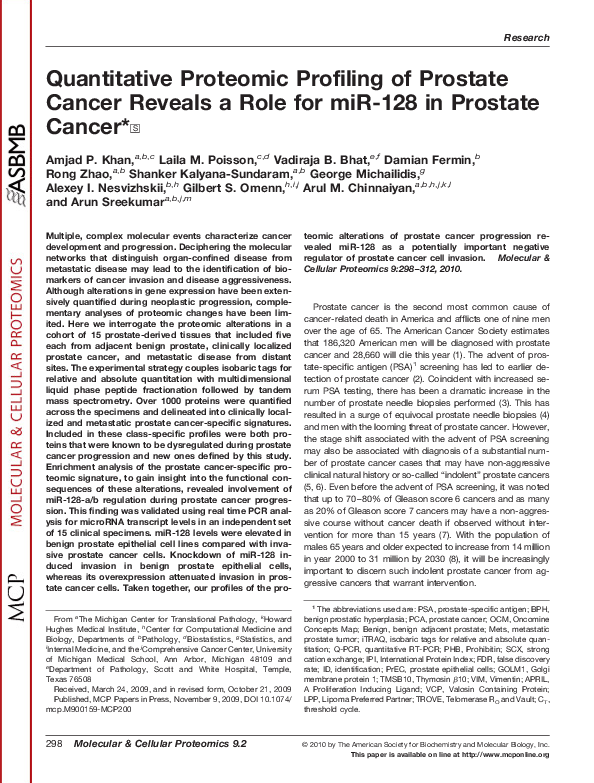 (PDF) Quantitative Proteomic Profiling of Prostate Cancer Reveals a Role for miR128 in Prostate ...