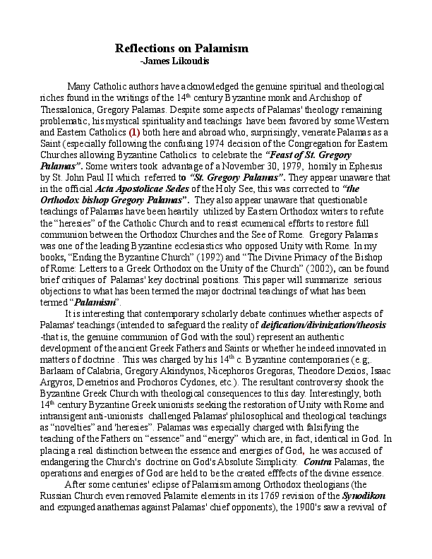 (PDF) Reflections on Palamism as Impediment to the Reunion of the Churches