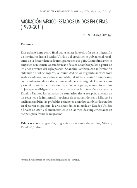 (PDF) Selene Gaspar Olvera (2012). MIGRACIÓN MÉXICO–ESTADOS UNIDOS EN ...