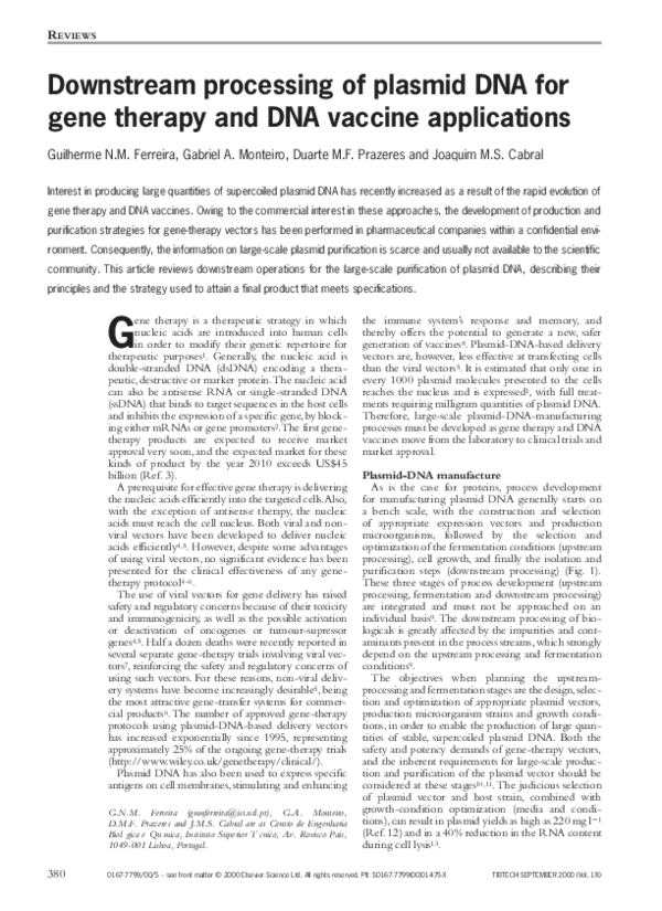 (PDF) Downstream processing of plasmid DNA for gene therapy and DNA ...